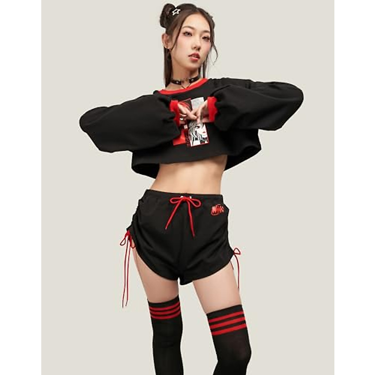 Winx Club Women's Dark Bloom Long-sleeves Blouser and Shorts Loungewear Two-Piece Pajamas Set Sleepwear (Large) Black