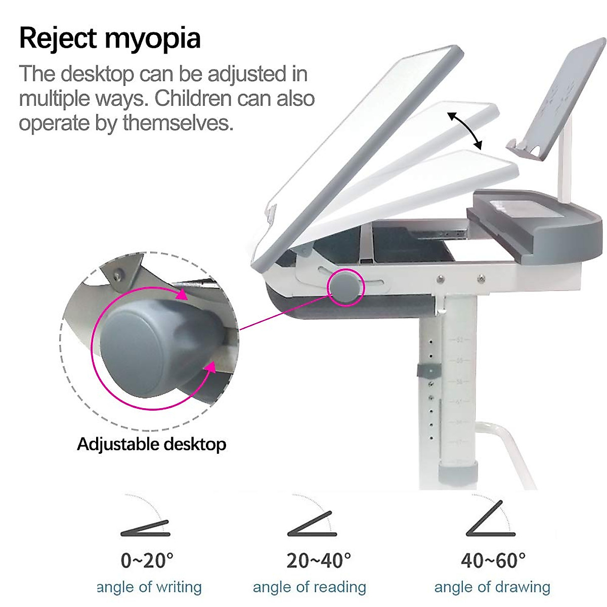 LVYUAN Kids Desk and Chair Set, Height Adjustable Kids Study Desk for Bedroom, Desk for Kids with Tiltable Desktop, 3 Modes Light, Go Back School Desk, Grey
