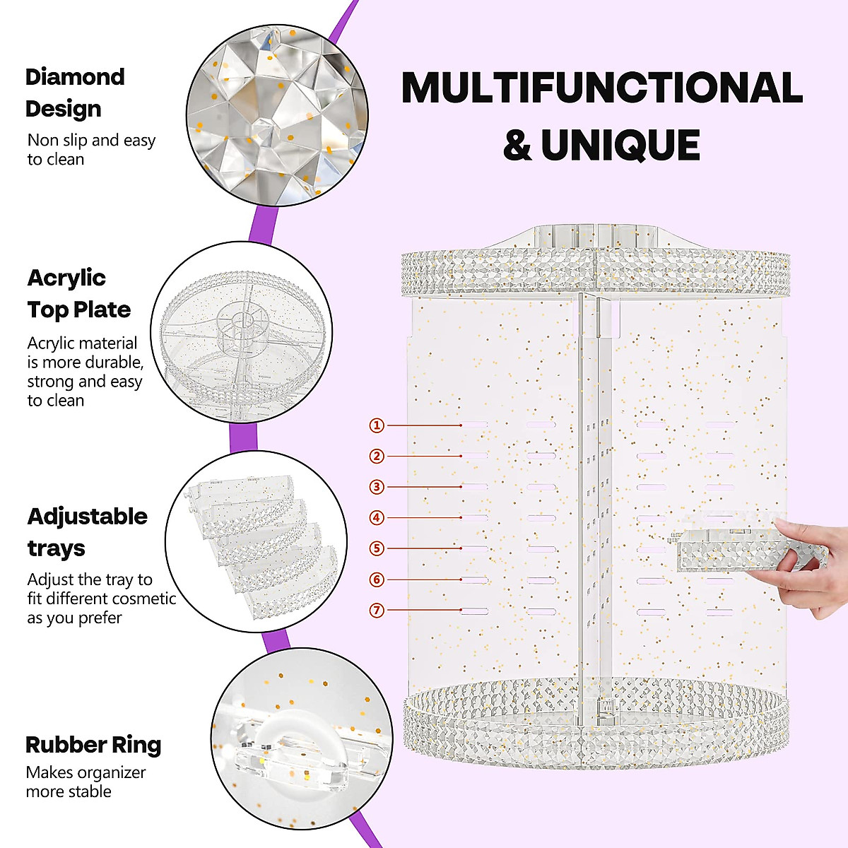 HEMTROY 360 Degree Rotating Makeup Organizer, Extra Large Capacity Organizador De Maquillaje, Removable 7 Layers Lipstick Organizer Cosmetic Storage Cases Perfume Organizer for Vanity (Glitter)