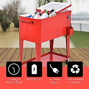 ReunionG 80-Quart Rolling Cooler Cart w/Bottle Opener and Catch Tray for Party Steel Bar Bistro- Red