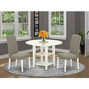 East West Furniture SUEN3-LWH-06 3 Piece Kitchen Table Set Contains a Round Dining Table with Dropleaf & Shelves and 2 Dark Shitake Linen Fabric Parson Chairs, 42x42 Inch, Linen White