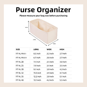 DGAZ Purse Bag Organizer Insert, Silk, Luxury Handbag Tote in Bag Shapers, Fits Kelly mini I/mini II /20/25/28/32/35/40 Bags (Craie, KL25)