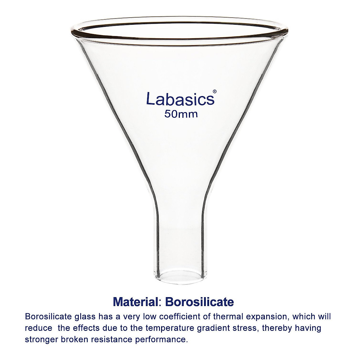 Labasics Glass Powder Funnel, Heavy Wall Borosilicate Glass Short Stem Funnel with 50 mm Top Height and 26 mm Stem Height