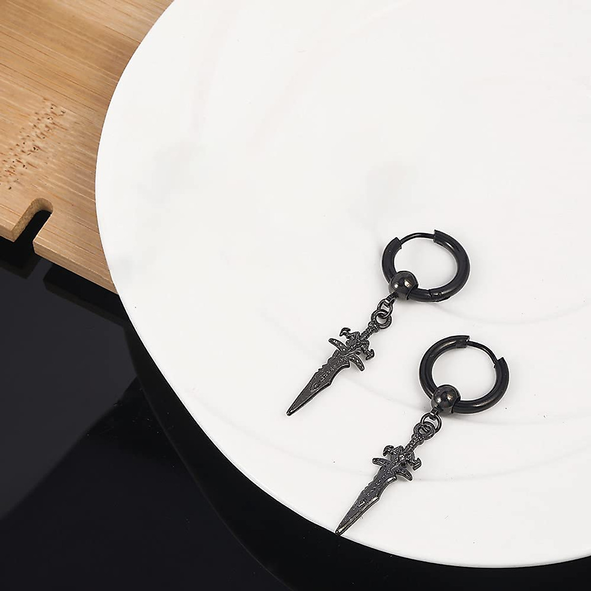 Sword Drop Dangle Small Hoop Earrings for Women Men Stainless Steel Engrave Animal Cross Dagger Halloween Statement Charms Drop Dangling Hoops Cuff Cartilage Wrap Vintage Punk Pray Jewelry (Black)