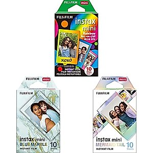 Fujifilm Instax Mini Rainbow Film - 10 Exposures & Instax Mini Blue Marble Film - 10 Exposures & Instax Mini Mermaid Tail Film - 10 Exposures