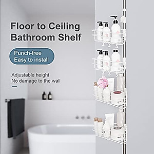 BAOYOUNI 4 Tier Shower Caddy Tension Pole Corner Bathroom Organizer Shelf Shampoo Holder Basket Bathtub Storage Rack Floor to Ceiling Adjustable Stand Space Saver - No Drilling - White