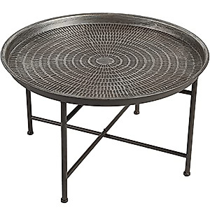 Yusong Coffee Table, Boho-Chic Hammered Metal Tray Coffee Table, Mahdavi Round Coffee Tea Table, Living Room Tables for Storage and Display, Brushed Silver