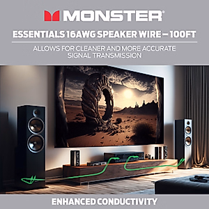 Monster Essentials High Performance Speaker Wire 16 Gauge Copper Clad Aluminum (CCA) Speaker Cable 100 FT Spool – Ideal Home Cinema Speaker Wire Cable and Car Audio Speaker Cables/Speaker Wires