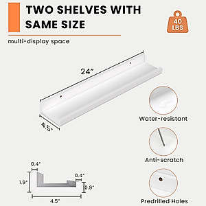 Heimlove Picture Ledge Shelf, Floating Shelves Set of 2, 24 Inches Picture Shelf for Wall with Ledge, Kids Bookshelf Wall Mounted for Living Room Bedroom Decor Books Photo Frames - White