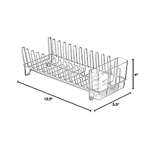 mDesign Steel Compact Modern Dish Drying Rack with Removable Cutlery Tray, Caddy - Dish Drainer, Dish Rack for Kitchen Counter, Sink - Holds Dishes, Utensil, Board - Concerto Collection - Chrome/Clear