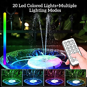 12W Solar Fountain with LED Colorful Lights & 5000mhA Battery, 2023 Upgraded Solar Bird Bath Fountain with Fixed Bracket, Remote Control Solar Water Fountain Pump for Bird Bath, Pools and Outdoor