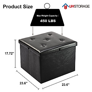 UHSTORAGE Large Square Storage Ottoman Coffee Table with Tray, Faux Leather Storage Ottoman for Living Room Comfortable Footstool with Resilient Sponge Padded Seat, Black