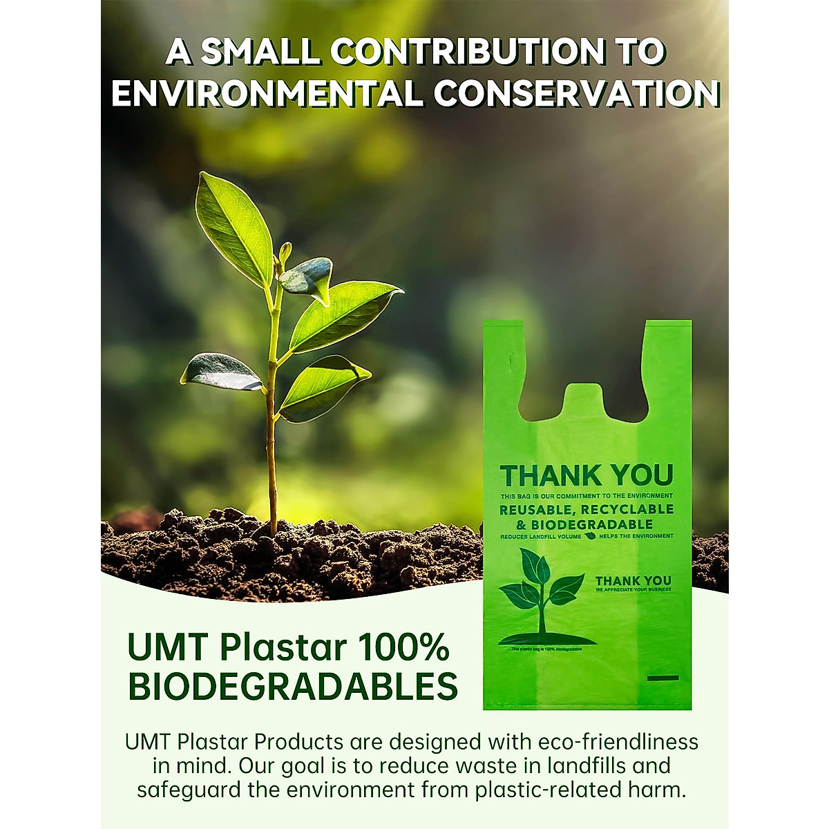 UMT Plastar 100 Count Recyclable Compostable 100% Biodegradable T-Shirt Bags, Eco-Friendly Grocery Shopping Bags, 11.5" x 6.25" x 21", 16 Mic
