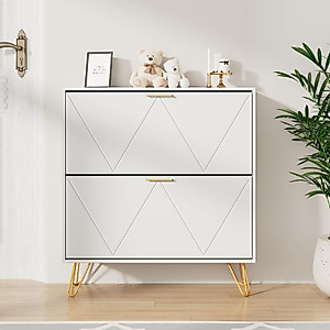CARPETNAL Shoe Cabinet for Entryway Slim, White Shoe Storage Cabinet with 2 Flip Drawers, Narrow Shoe Rack Cabinet, Freestanding Shoe Cabinet Organizer with Metal Handle and Legs for Entryway, Hallway