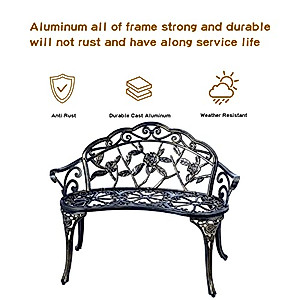 JARDIN DE CENTENNIAL Patio Garden Bench Metal Park Bench Cast Aluminum Outdoor Furniture with Floral Rose for Patio,Park,Lawn,Yard (Copper)