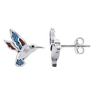Turquoise Gemstone Humming Bird Southwestern Style 925 Sterling Silver Post Back Stud Earrings for Women