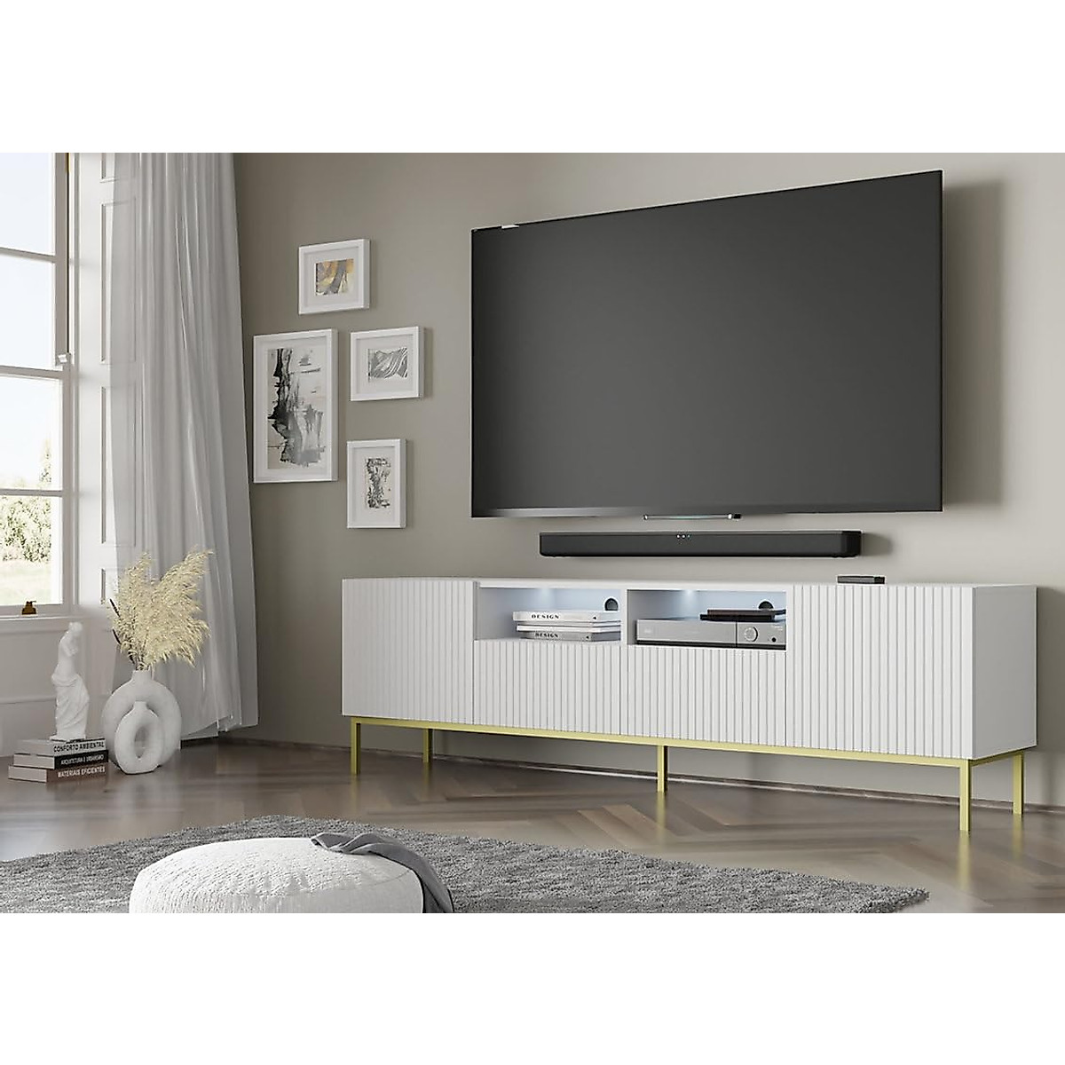 Homlando Ravenna B TV Stand 79" – Lowboard TV Cabinet – Gaming Center for TVs Up to 85” – LED TV Unit - TV Entertainment – Center with Storage for Living Room – White Matte with Gold Legs