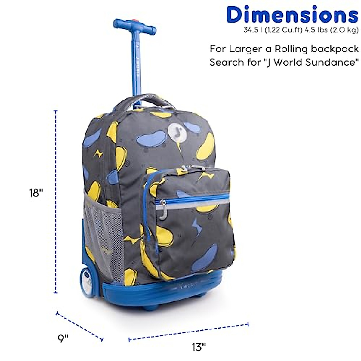 J World New York Sunrise Kids Rolling Backpack for Girls Boys Teen. Roller Bookbag with Wheels, Lightboard, 18"