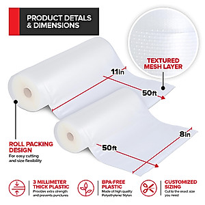 8" & 11" x 50' Vacuum Seal Bags Rolls (Combo Pack), Vacuum Seal Bags for Food Saver, Freezer, Microwave, and Boil Safe Vacuum Sealer Bags Rolls