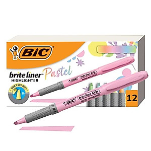 BIC Brite Liner Grip Pastel Highlighter Set, Chisel Tip, 12-Count Pack of Assorted Colors, Cute Highlighters for Bullet Journal Exercises, Note Taking and More