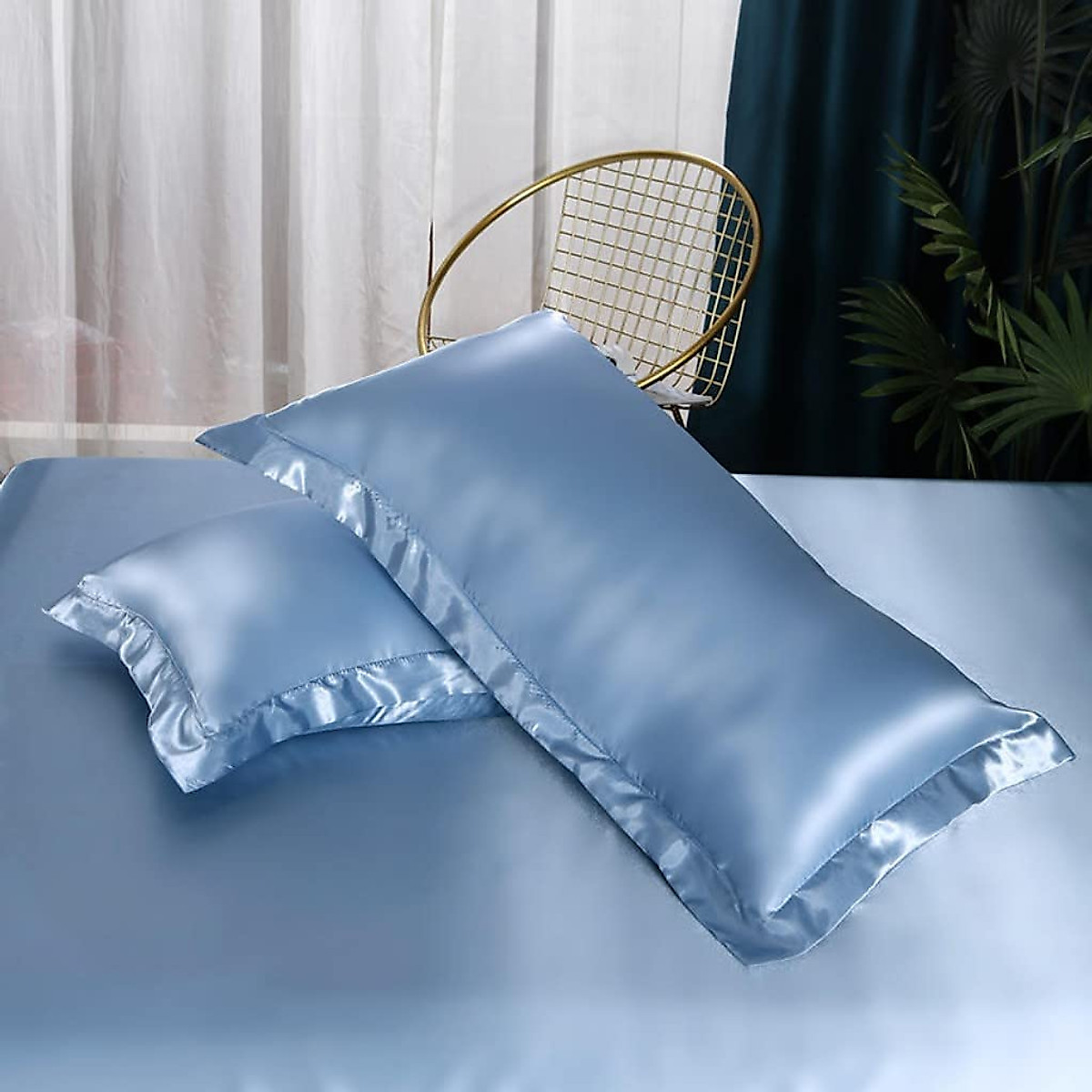 Feelyou Light Blue Silk Like Satin Bedding Set Queen Women Duvet Cover Set Luxury Soft Comforter Cover Adults Bedroom Decor Chic Luxurious Silky Bedspread Cover Zipper (1 Duvet Cover + 2 Pillow Case)