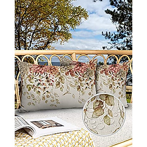Outdoor Pillow Covers for Patio Furniture 20x12 inch 2PCS, Rectangle Waterproof Garden Cushion Vintage Eucalyptus Leaves Dahlia Farmhouse Throw Pillow Cover Shell for Sofa Couch Bench Seat