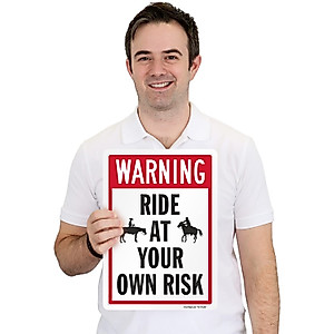 SmartSign 14 x 10 inch “Warning - Ride At Your Own Risk” Metal Sign, 40 mil Laminated Rustproof Aluminum, Red, Black and White, Made in USA