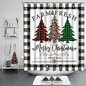 Likiyol 4 Pcs Merry Christmas Shower Curtain Sets with Non-Slip Rugs, Toilet Lid Cover and Bath Mat, Buffalo Plaid Shower Curtain with 12 Hooks, Winter Holiday Tree Shower Curtain