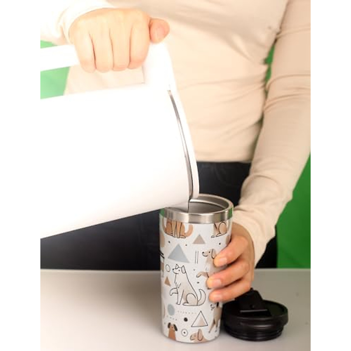 AetherSip 15 oz Dog Print Insulated Travel Mug; Cone-Shaped Stainless Steel Tumbler; Spill-Proof Flip Lid; Ideal for Coffee, Tea, and Cold Beverages