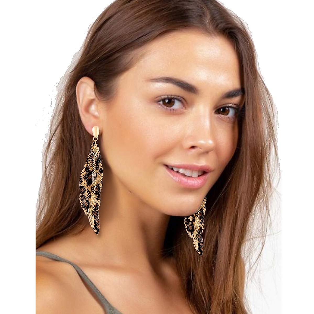 NVENF Feather Tassel Dangle Earrings for Women Bohemian Faux Leather Plume Gold-tone Metal Chain Fringe Statement Drop Earrings Vintage Ethnic Style Jewelry (Leopard)