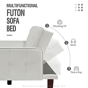 IULULU Futon Sofa Bed, Modern Convertible Faux Leather Sleeper Couch with Armrests for Studio, Office, Apartment, Compact Living, Game Room, Overnight Guests, White