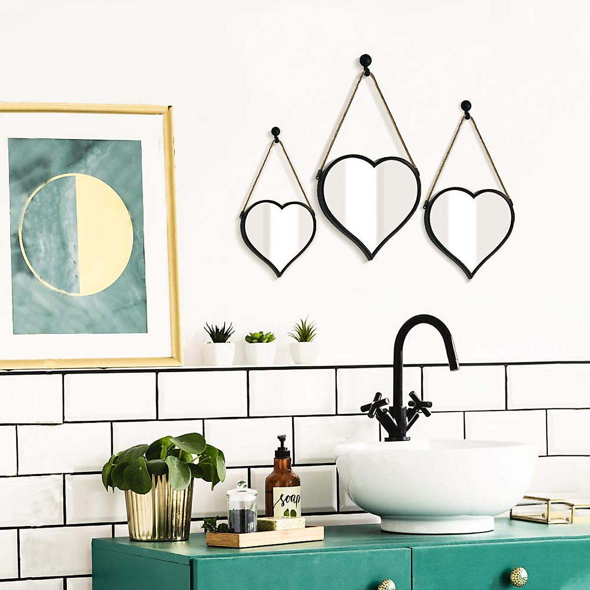 Urban Deco 3 Pieces Heart Shaped Mirror for Wall, Hanging Black Glass Mirror Sets Decoration for Bedroom Living Room Bathroom