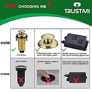 TRUSTMI Garbage Disposal Air Switch Kit Long Brass Kitchen Sink Top Waste Disposer On/Off Button with Dual Outlet Socket Power Module, Brushed Gold