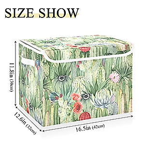 DOMIKING Floral Cactus Succulents Large Storage Bin with Lid Collapsible Shelf Baskets Box with Handles empty gift basket for Nursery Drawer Shelves Cabinet