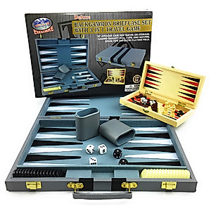 Matty's Toy Stop Deluxe 15" Backgammon Briefcase (Vinyl Gray Attache) with 3-in-1 Chess, Checkers & Backgammon Wooden Travel Games Set (8")