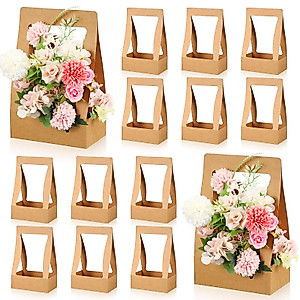 Sabary 12 Pcs Craft Paper Gift Bags Flower Box with Handle Valentine's Day for Arrangements Flower Bouquet Packaging Floral Basket Supplies Graduation Wedding Christmas Mother's Father's Day