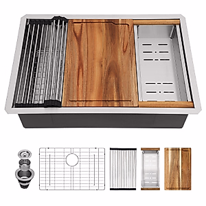 Couoko 27 inch Undermount Workstation Kitchen Sink 27x19 Stainless Steel 16 Gauge Undermount Sink Deep Single Bowl Handmade Under Counter workstation Sink Basin with Cutting Board