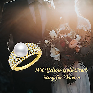 SISGEM Solid 14K Gold 9MM Freshwater Pearl Wedding Ring for Women,Yellow Gold 5A CZ Pearl Engagement Ring/Wedding Anniversary Birthday Gifts for Her,Size 5-11