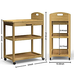 Purbambo Bamboo Kitchen Storage Cart, 3 Tier Rolling Cart, Mobile Utility Cart Trolley with Drawer and Lockable Casters for Home Kitchen