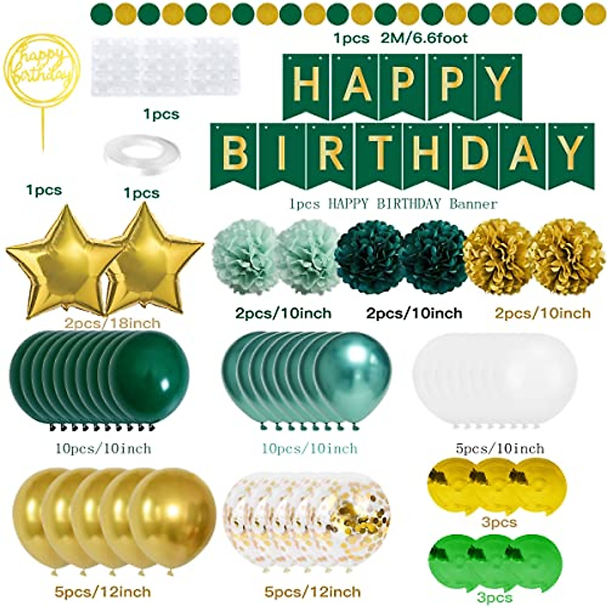 Birthday Decorations, Green Gold Birthday Party Decorations for Boy Girls Men Women, Birthday Balloons with Happy Birthday Banner, Paper Pompoms, Confetti Balloons for Birthday Party Decorations