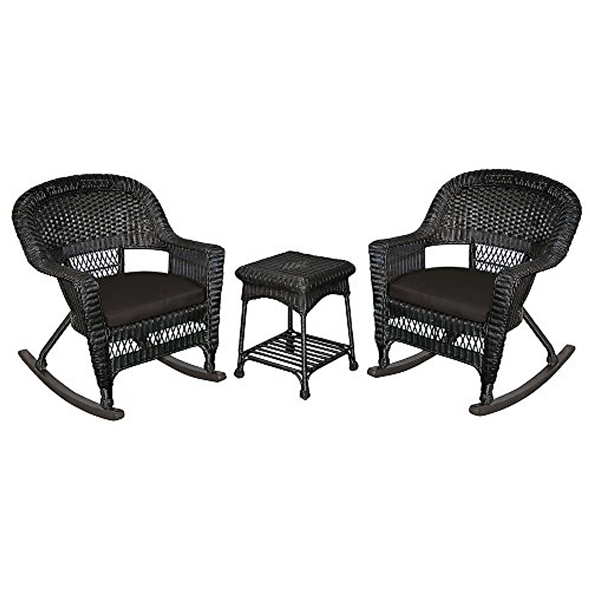 Jeco 3 Piece Rocker Wicker Chair Set with with Cushion, Black