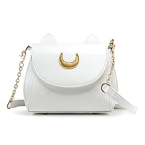 OCT17 Moon Luna Design Purse Kitty Cat satchel shoulder bag Designer Women Handbag Tote PU Leather Sailer Style (White)
