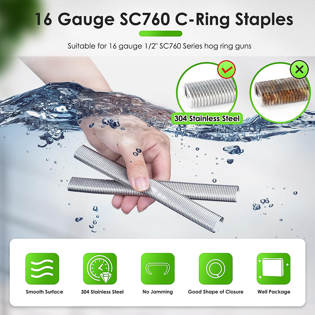 SC760 16 Gauge 1/2-Inch Crown 304 Stainless Steel C Ring Staples 18,000 PCS/Box for SC760/C-760 Series Hog Ring Gun C Ring Tool