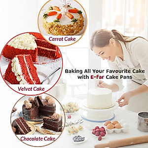 E-far 8 Inch Cake Pan Set of 2, Stainless Steel Round Layer Cake Baking Pans with Parchment Rounds & Side Liner Roll, Non-Toxic & Healthy Metal Cakes Tin, Straight Side & Dishwasher Safe