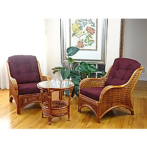 Jam Living Set of 2 Lounge Natural Rattan Chairs Loveseat with Dark Brown Cushions and Coffee Table w/Glass Handmade Design, Cognac