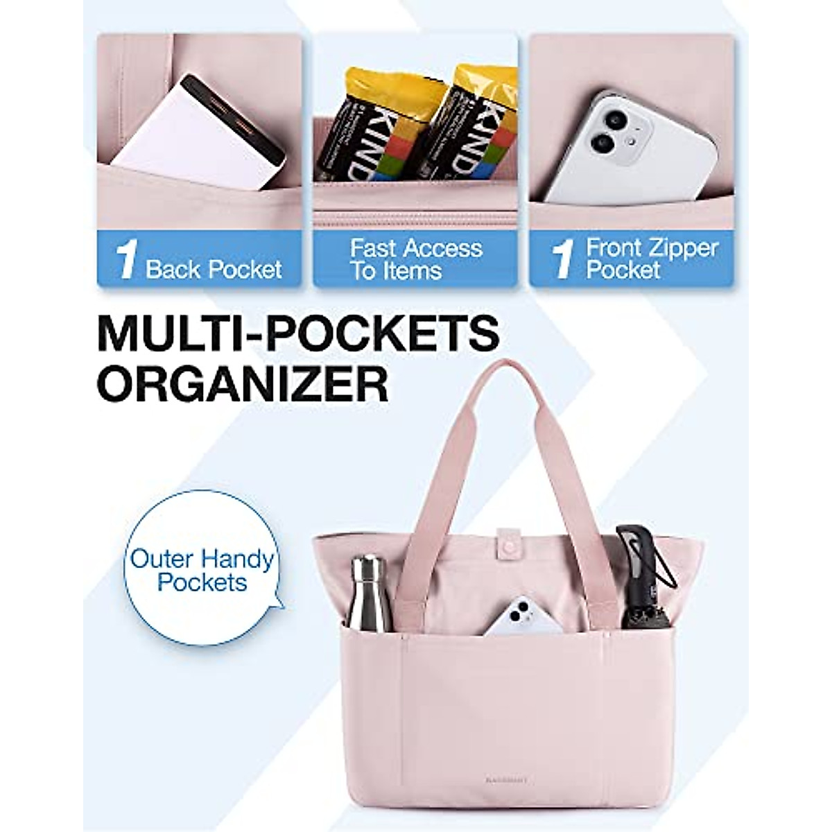 BAGSMART Tote Bag for Women, Foldable Tote Bag With Zipper Large Shoulder Bag Top Handle Handbag for Travel, Work (Pink)