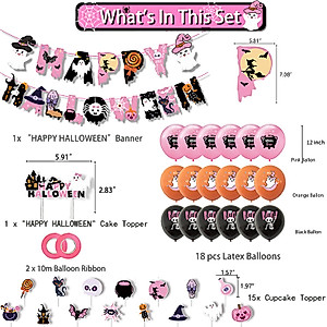Pink Black Halloween Birthday Party Decorations Kit Happy Halloween Banner Castle Cake Topper Ghost Witch Bat Cupcake Toppers Skeleton Boos Ghost Balloons Kit for Halloween Baby Shower Party Decor
