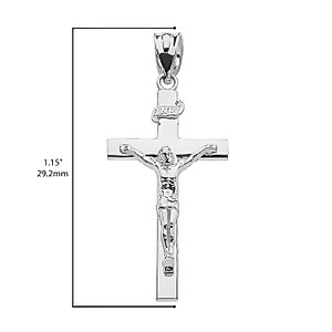 14k White Gold INRI Crucifix Catholic Linear Cross Pendant Necklace - 20" Rolo Chain