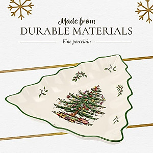 Spode Christmas Tree Collection Tree Shaped Dish, 10-Inch, Made of Porcelain, Serving Dishes, Christmas Tree Design, Green/Beige, Dishwasher and Microwave Safe