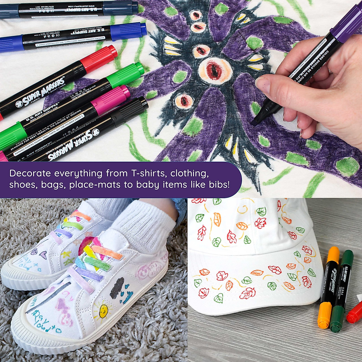 Super Markers 20 Unique Colors Dual Tip Fabric & T-Shirt Marker Set-Double-Ended Fabric Markers with Chisel Point and Fine Point Tips - 20 Permanent Ink Vibrant and Bold Colors